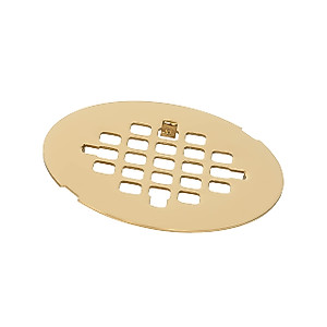 LXLOTUS 4 ¼” Polished Gold Snap-in Shower Drain Cover - Polished Brass Replacement - 4.25" OD Shower Drain Strainer - Easy Install - Premium Round Shower Drain Cover - Solid Brass Construction