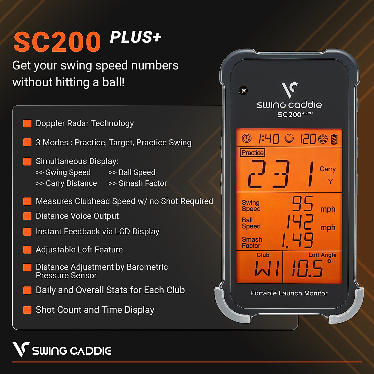 Voice Caddie SC200Plus Portable Golf Launch Monitor and Swing Analyzer with Real-Time Shot Data Tracking - 12-Hour Battery Life