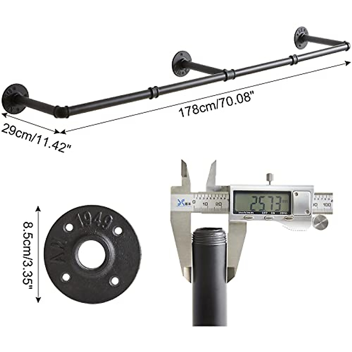 IBUYKE 70 Inch Industrial Pipe Clothes Bar Rack, Wall Mounted Garment Hanging Storage Rail, for Bedroom, Living Room, Laundry Room, Retail Display, Triple Base, Black TYJ003H