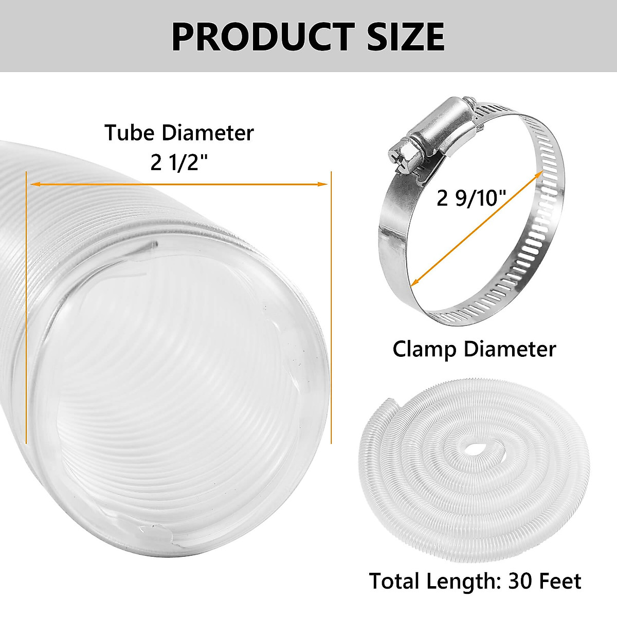 2 1/2" x 30' PVC Dust Collection Hose, Puncture Resistant Fume Collection Hose with 8 Pieces Stainless Steel Hose Clamps, Clear Dust Collector Hose for Woods Dust Debris