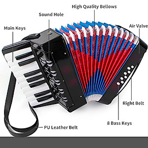 Accordion, 17 Keys Piano Accordion for Kids Students 8 Bass with Straps for Beginners Student Educational Musical Instrument (Black)