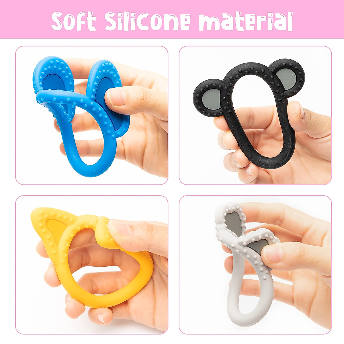 GROBRO7 4Pcs Silicone Baby Teether Toy Elephant Dog Koala Monkey Shape Teeth Relief Toys Infants Teething Chewing Ring Sensory Oral Chew Tools for Newborn Babies Shower Birthday Christmas Gift