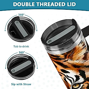 Flradish 30oz Tumbler with Handle, Watercolor Tiger Portrait Stainless Steel Tumbler with Lid and Straws Double Wall Vacuum Insulated Leakproof Coffee Travel Mug