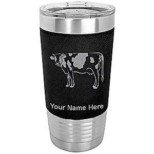 LaserGram 20oz Vacuum Insulated Tumbler Mug, Cow, Personalized Engraving Included (Faux Leather, Black)