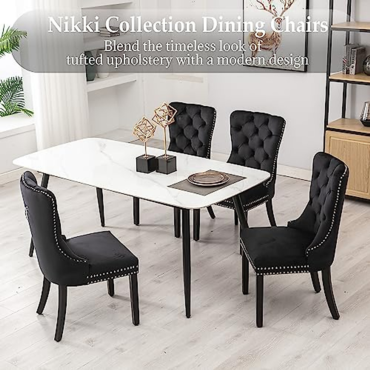 civama Dining Chairs Set of 2, Velvet Nikki Collection Dining Room Chair Upholstered Modern Luxury Tufted with Nailhead Trim Back Pull Ring Solid Wooden Legs, Black