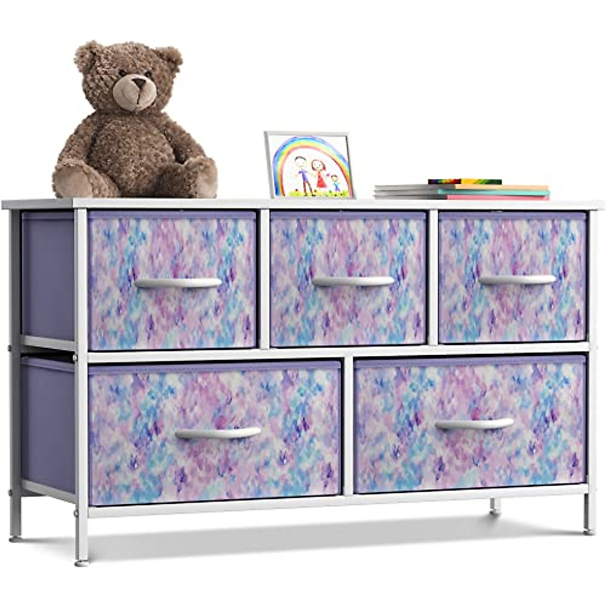 Sorbus Kids Dresser with 5 Drawers - Storage Chest Organizer Unit with Steel Frame, Wood Top, Easy Pull Fabric Bins - Long Wide TV Stand for Bedroom Furniture, Hallway, Closet & Office Organization