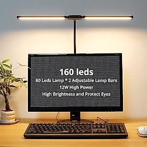 Woputne Desk Lamp Clamp Light, Dual Head, Long Clip Light, 3 Modes x 10 Brightness, 10W 860lumen, Office Clamp Task Table Lamp, Black