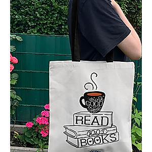 XIKAINUO Drink Good Coffee Read Good Books Cotton Canvas Tote Bag with Interior Pocket, Travel Shopping Shoulder Bag Birthday Christmas Gifts for Readers, Coffee Lovers, Bookworm, Teens