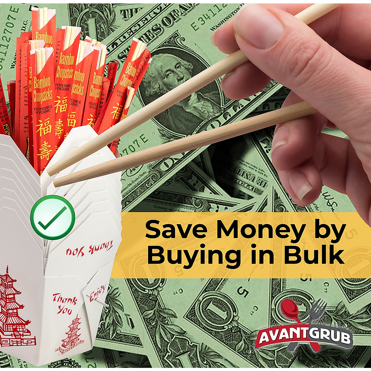 Avant Grub Food Storage Container, Greaseproof Chinese Take Out Box With Chopsticks. 25pk Large Food Containers With 50pk Sleeved and Separated Bamboo Chop Sticks, 32 Oz