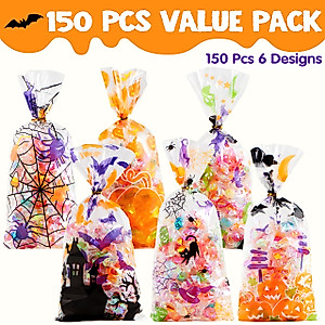 JOYIN 150 PCS Halloween Cellophane Candy Bags Clear Treat Bags with Twist Ties, Trick or Treating Bags, Halloween Goodie Bags Non Candy Cookie Bags for Kids Halloween Party Favors Supplies