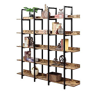 SmallCock 5 Tier Bookcase Home Office Open Bookshelf, Vintage Industrial Style Shelf with Metal Frame (Brown)