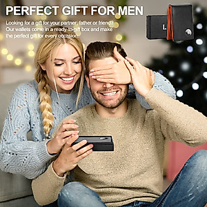 LAKIPETN Mens Slim Leather Bifold AirTag Wallet with Money Pocket RFID Blocking 8 Credit Card Slots | Bill Divider | ID Window | Wallets Holder Compatible with Apple Air Tag, with Gift Box