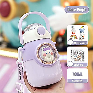 MLAFE Kawaii Insulation Cup Cute Stainless Steel Hot and Cold Insulation Cup 700ML Cartoon Kettle with Straw (Grape Purple)