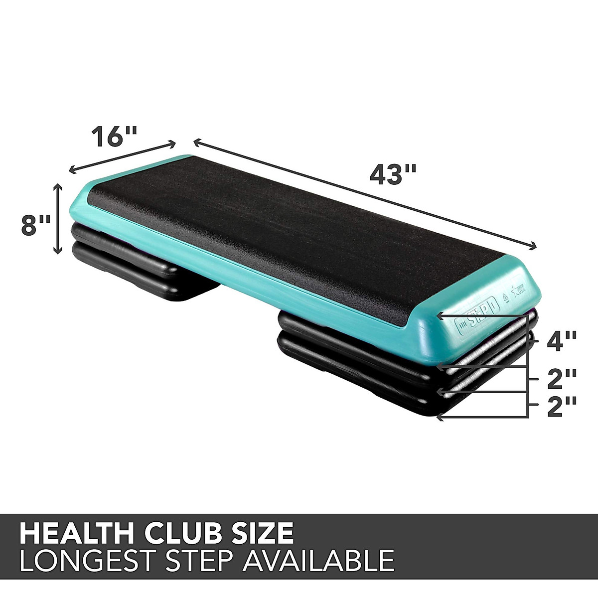 The Step (Made in USA) Original Aerobic Platform – Health Club Size – With Four Original Risers (Teal Platform with Black Risers), One Size