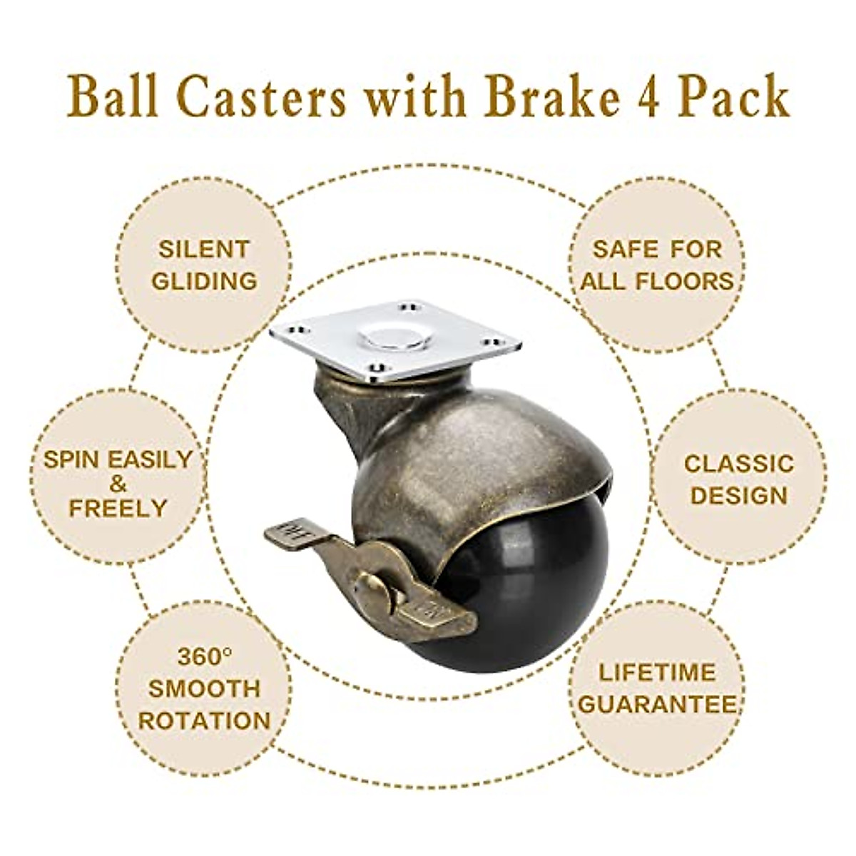 JGJC Casters Set of 4, Antique Brass Casters with Brake, 2 Inch Ball Castor Wheels for Furniture Casters Vintage Wheels Heavy Duty, Table Caster with 360 Degree Swivel Top Plate