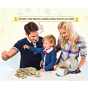 PINOWU 100pcs Wood Letter Tiles for Scrabble, Replacement for Scrabble Letters with Wood Racks and Cloth Gift Bag Craft Playing Alphabet Coasters and Wall Decoration