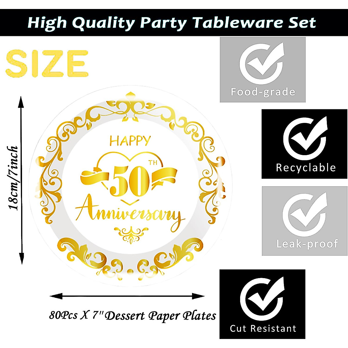 80Pcs 50th Anniversary Paper Plates Golden Wedding Celebration Party Supplies 7"50th Golden Dessert Plates 50 Years Golden Plates,for Fifty Anniversary Party Decoration 50th Brithday Party Decorations