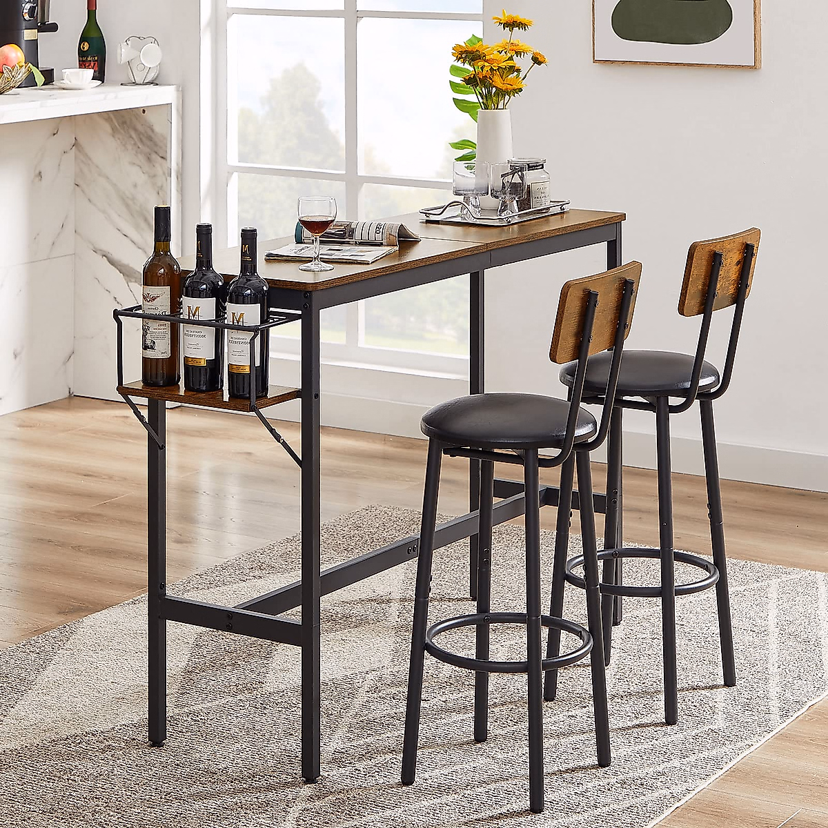 GNIXUU Bar Table and Chair Set for 2, 3-Piece Wooden Pub Dining Set with Folding Wine Rack, Industrial Kitchen Counter Height Table with 2 PU Stools for Breakfast Nook Bistro Small Space(Brown)