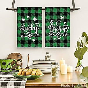 Artoid Mode Buffalo Plaid Lucky Charm St. Patrick's Day Kitchen Dish Towels, 18 x 26 Inch Seasonal Clover Shamrock Ultra Absorbent Drying Cloth Tea Towels for Cooking Baking Set of 2