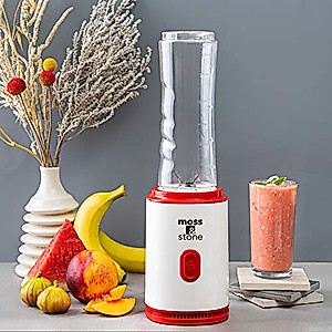 Moss & Stone Personal Blender Single Serve Shake & Smoothies Maker with Portable Travel Sport Bottle - Mini Juicer, White & Red Single Serve Blender for Smoothies and Shakes - Bottle 20 oz