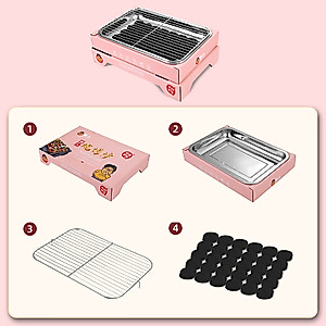 Portable and Compact Disposable Charcoal Grill - Detachable Stainless Steel BBQ Smoker Grill for Outdoor Camping(Pink)