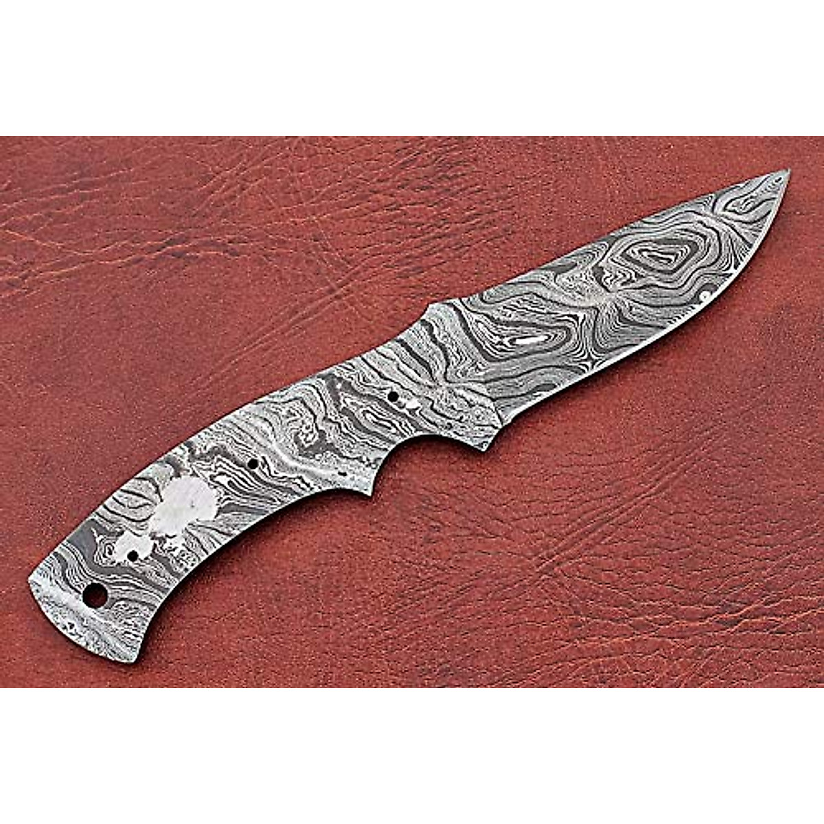 8.5 inches long Drop point blank blade skinning knife, hand forged Damascus steel 4.5" scale space with 3 Pin hole & an inserting hole space 3.75 inches cutting edge