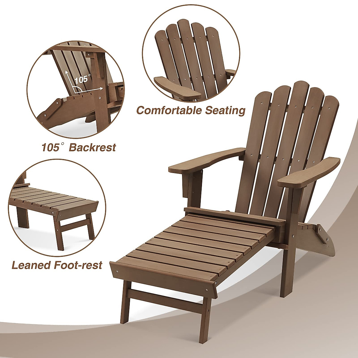 EFURDEN Adirondack Chair with Retractable Ottoman, Folding Adirondack Chair with Footrest, All Weather Poly Lumber Fire Pit Chair with Ottoman, All Weather Chair for Outdoor Brown