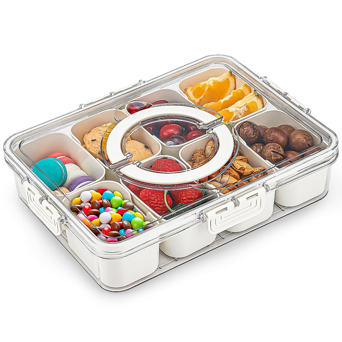 Divided Serving Tray Snack Platter Container with Lid & Handle, 8 Compartments Portable Food Fresh-Keeping Storage Box Vegetable Organizer for Refrigerator Perfect for Party & Picnic