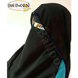 Saudi Chiffon First Class Quality Long Saudi Niqab Burqa Hijab Face Cover Veil Islam Islamic Jilbab (Black x Dark Blue Satin)