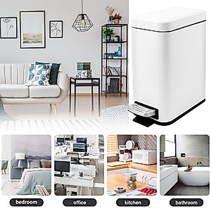 M-Aimee Slim Trash Can and Toilet Brush Combo, Stainless Steel Garbage Can, 1.3 Gallon / 5 Liter, Rectangle Step Small Garbage bin, Soft Close, Removable Plastic Bucket (White)