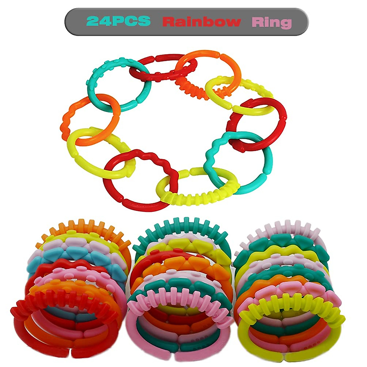 COLVWOFA 24 Pack Baby Rings Link Toys for Hanging Toys, Connecting Rings Toys for Infant Boy Girl, Early Learning Toys Car Seat and Stroller Travel Accessory Set with Storage Box