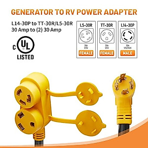 MECMO NEMA L14-30P to TT-30R L5-30R RV Generator Power Adapter, 4 Prong Twist Locking Generator Male Plug to Travel Trailer RV Female Cord 30 Amp RV Splitter for RV Trailer Camper Generator Charging