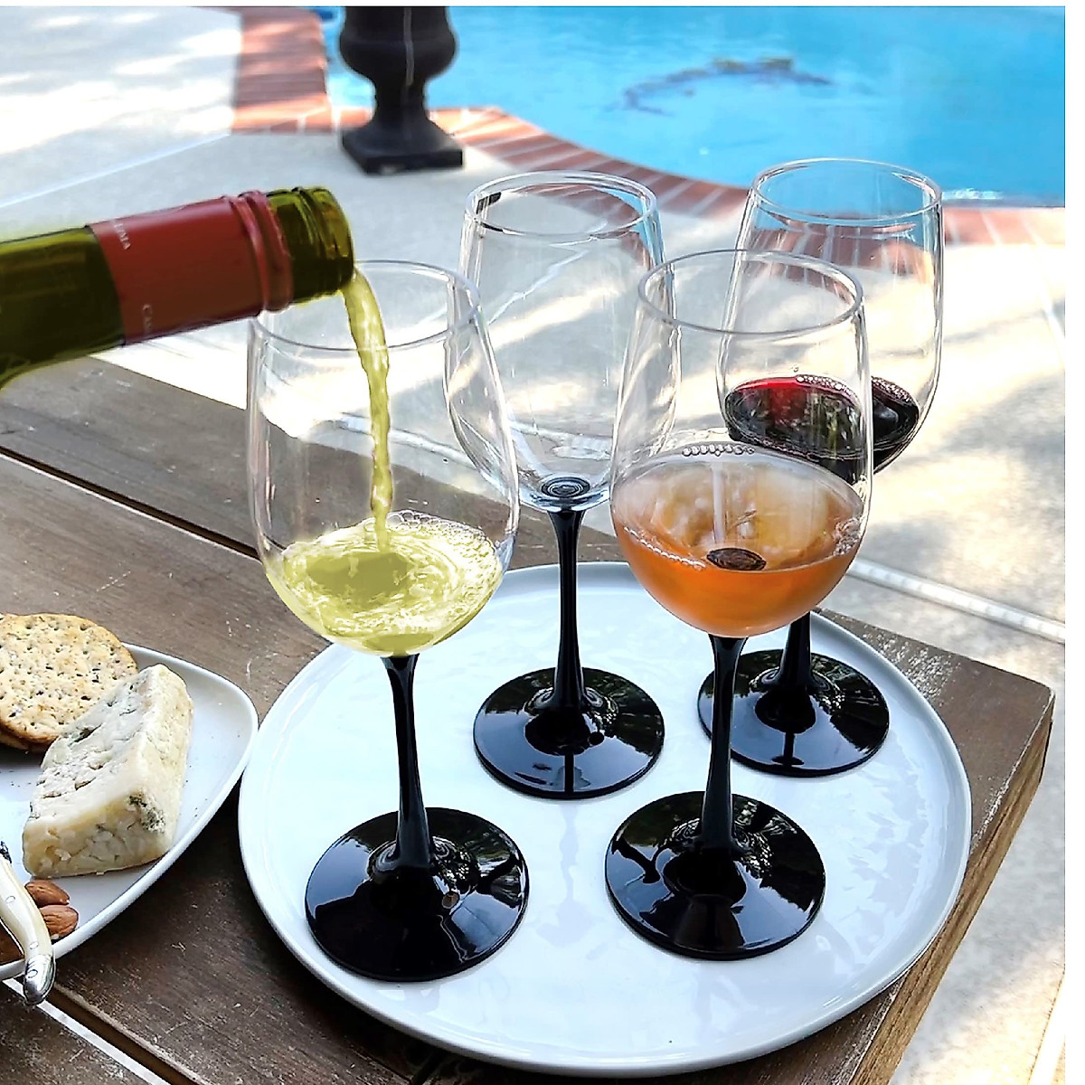 Lily's Home Unbreakable Stemmed White Wine Glasses, Made of Non Breakable Shatterproof Plastic, Indoor and Outdoor Drinkware, Reusable and Dishwasher-Safe, 13 oz. Each, Set of 4 (Black Stem)