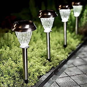 DAMAYCA 6 Pack Solar Lights Outdoor for Garden Pathway Walkway Driveway Sidewalk Yard Stainless Steel Glass Landscape Lights Solar Powered for Landscape Lighting. (Silver, Warm Light)