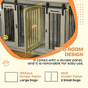 PawHut Dog Crate Furniture with Divider, Dog Crate End Table for Small to Large Dogs, Large Indoor Dog Kennel with Double Doors, 47" W x 23.5" D x 35" H, Gray
