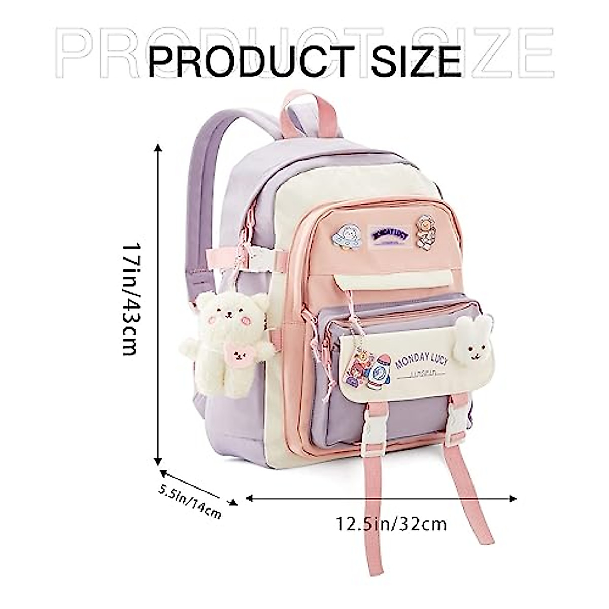 Aesthetic Cute Kawaii Backpack with Kawaii Pin and Pendants Accessories, Mochilas Para Ninas Bookbag Waterproof Nylon Material | Durable & Adorable 17"