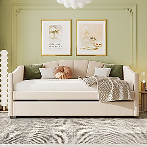 Flieks Twin Size Upholstered Daybed,Solid Wood Sofa Bed Frame Daybed Couch with Trundle Bed and Wood Slat,Beige