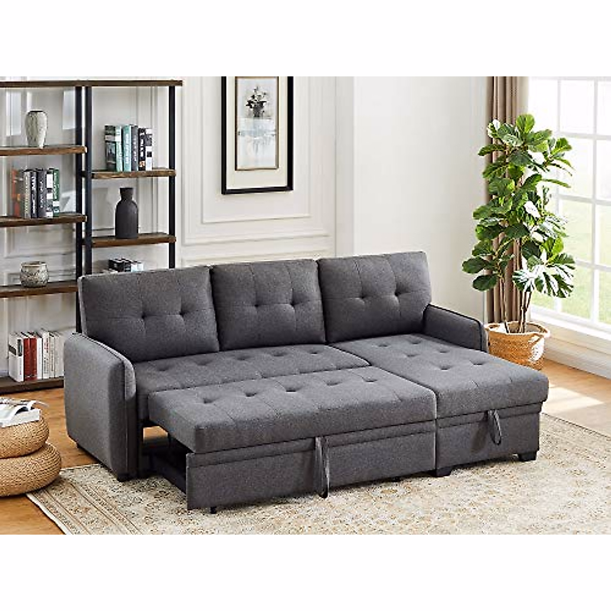INFINI FURNISHINGS Reversible Storage Chaise Lounge 84" Wide Sectional Sofa with Pull Out Sleeper Bed, Dark Gray