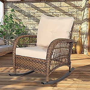 W WARMHOL Outdoor Wicker Rocking Chair with Thickened Cushions, All-Weather Rattan Patio Rocking Chairs, Rocker Wicker Chair for Porch Garden & Backyard, Beige