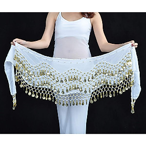 Lauthen.S 128 Coins Belly Dance Hip Scarf Tribal Belt Halloween Genie Costume Accessory White