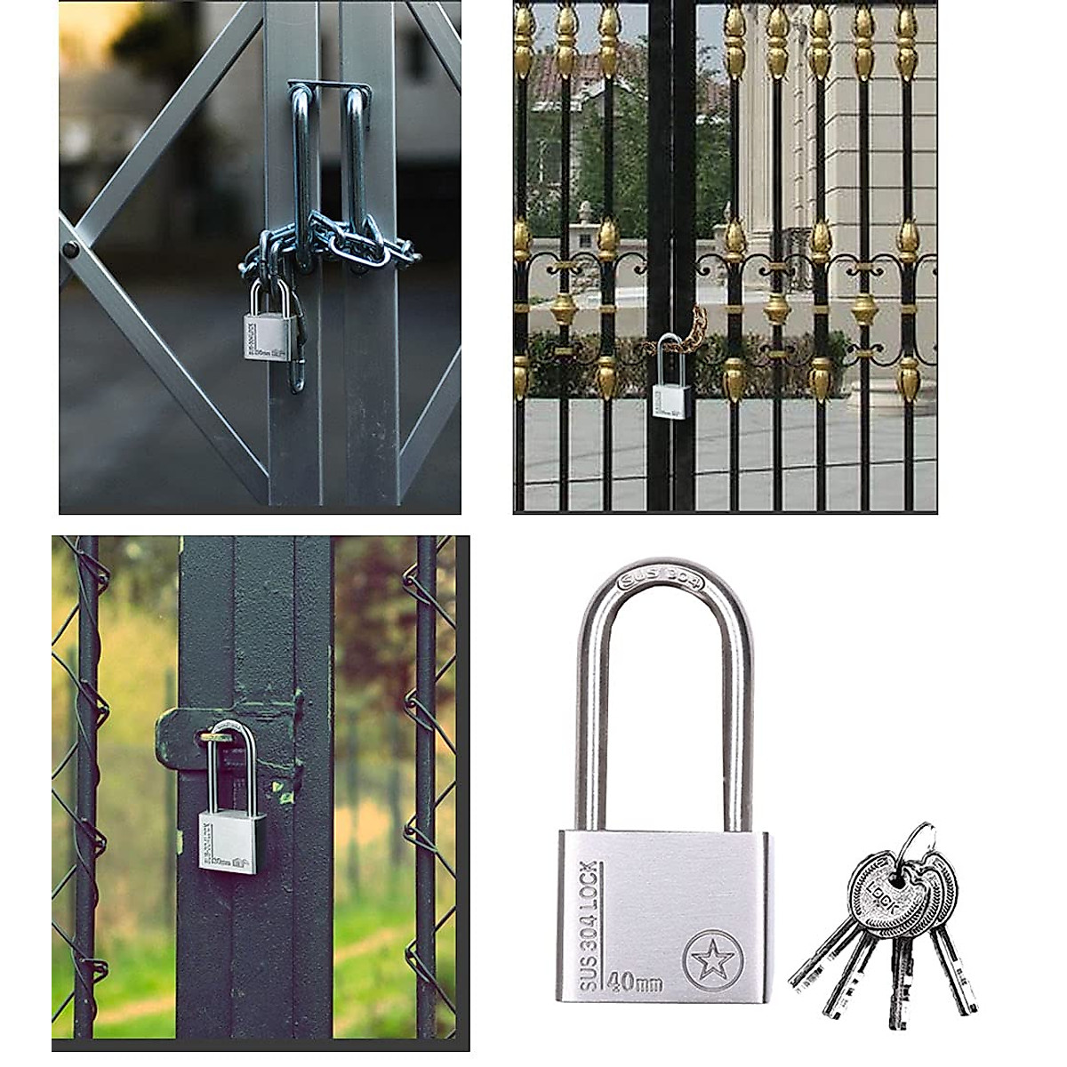 Padlock 40mm Long Beam Gym Locker Lock Keyed Padlocks,Stainless Padlock with 4 Keys，Stainless Lock with Key Padlock,Suitable for Gym Locker Lock,toolboxes,Doors, Fence,(Silver)