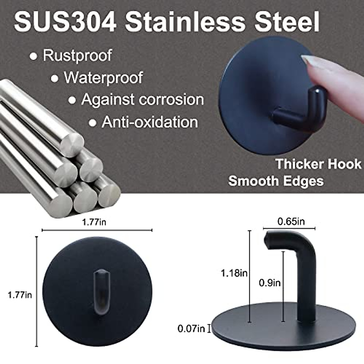 Yukrilt Black Adhesive Hooks - 8 Pack 15lb(Max) Sticky Wall Hooks for Hanging, Waterproof Rustproof Removable Stainless Steel Towel Hooks, Bathroom Kitchen Shower Heavy Duty Self Adhesive Hooks