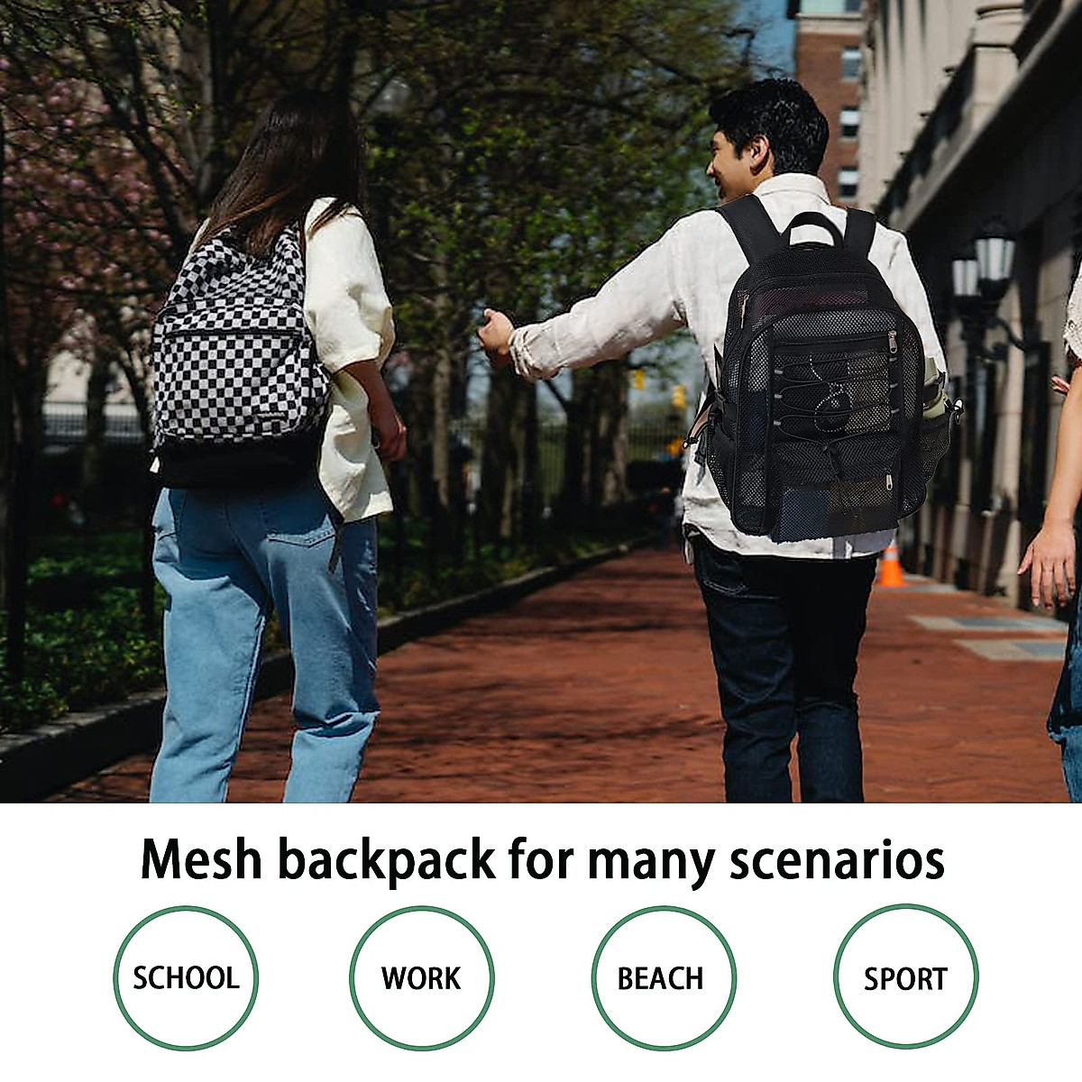 UEASE Mesh Backpack Heavy Duty for School, 23L Mesh Bookbag for Adults, See Through Black Mesh School Bag with Laptop Pocket for Work Swimming Beach Fitness Sport
