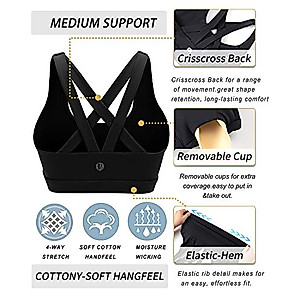 RUNNING GIRL Sports Bra for Women, Criss-Cross Back Padded Strappy Sports Bras Medium Support Yoga Bra with Removable Cups (WX2575.Black-1, L)