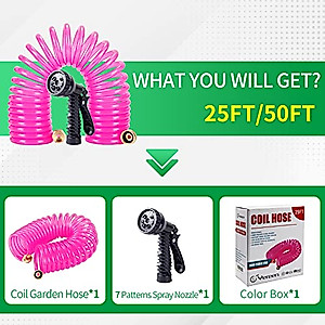 Yereen Coil Garden Hose 25FT, EVA Recoil Garden Hose, Transparent Self-coiling Water Hose with 3/4" Brass Connector Fittings with 7 Function Spray Nozzle, Pink