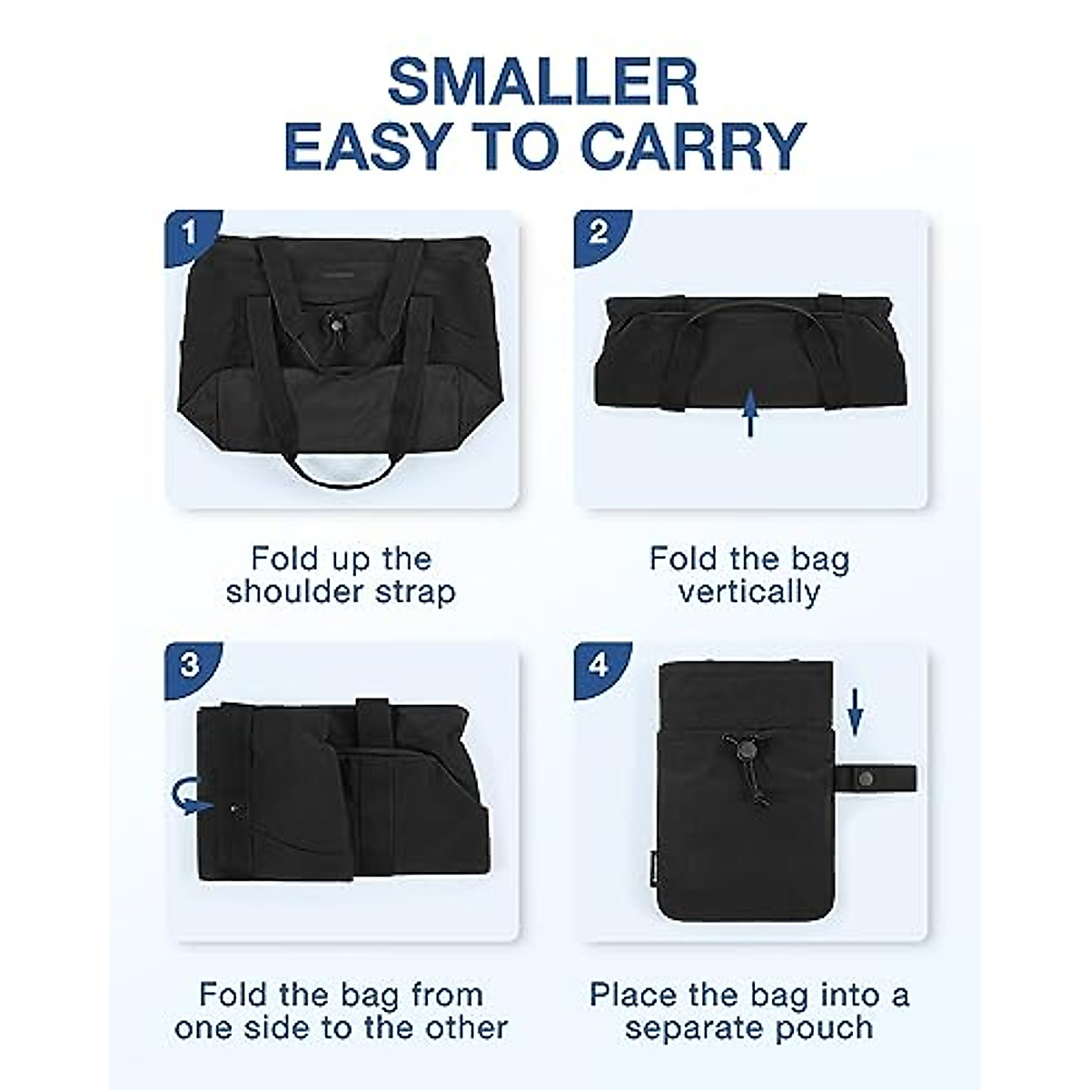 BAGSMART Women Foldable Tote Bag with Drawstring Storage Bag, Large Tote Bag Shoulder Bag Top Handle Handbag for Travel, Work, Beach, Gym, Shop, (Black)