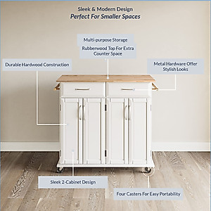 BELLEZE Rolling Kitchen Island Cart on Wheels with Storage Cabinet, Mobile Kitchen Cart Island Table with 2 Drawers Towel Racks Rubber Wood Top Coffee Bar for Dinning Room, 41.7”Lx18.5”Wx37”H, White