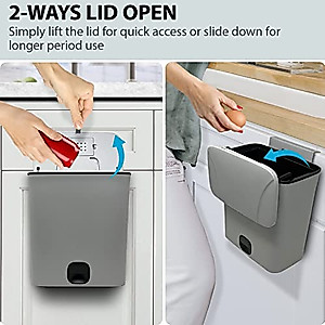 KSEV 2.6 Gallon Kitchen Hanging Trash Bin with Lid and Trash Bag Compartment, (2 Way Slide Open) Mountable Garbage Compost Can for Counter Top, Under Sink, Cabinet Door, Bathroom, RV, Pontoon (Gray)