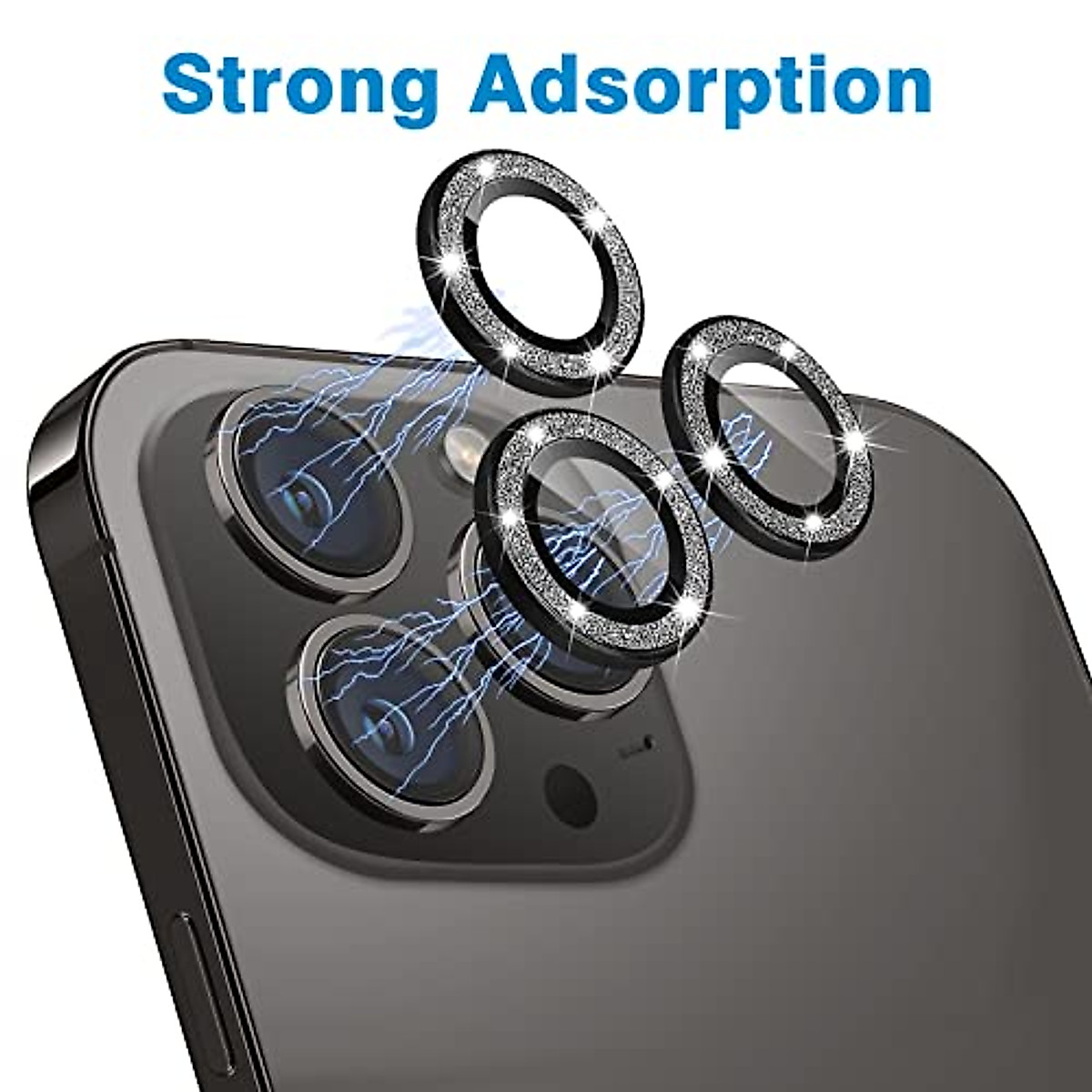 Hsefo Compatible with iPhone 14 Pro & 14 Pro Max Camera Lens Protector, Bling Glitter Diamond Lens Cover 9H Tempered Glass Camera Cover Anti Scratch Shockproof Screen Protector Individual Lens Ring - 3PCS Glitter Black