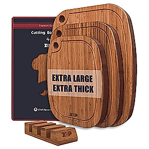 ZVP Extra Thick Bamboo Cutting Board for Kitchen 4 Pack, Extra Large Wood Chopping Board Set with Juice Grooves, Butcher Block, Storage Holder, for Meat Cheese and Vegetables, Walnut Brown